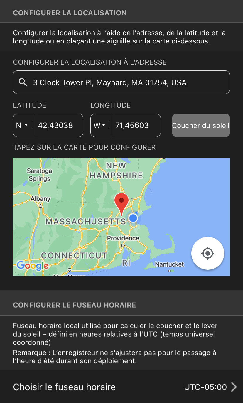 Écran Localisation et fuseau horaire